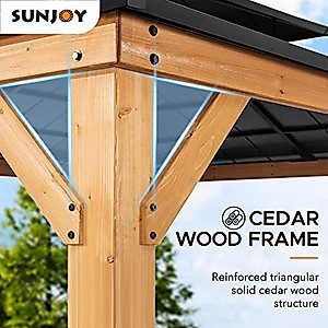 Sunjoy 11 x 13 ft. Wood Gazebo Cedar Framed Gaezbos with Black Double Steel Hardtop Roof for Garden, Backyard Shade