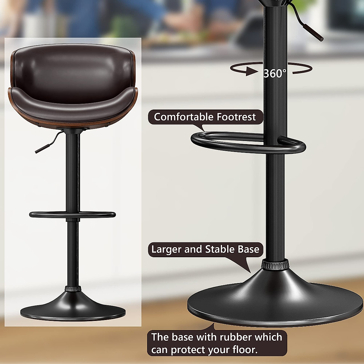 YaFiti Bar Stools Set of 4, Modern Pu Leather Swivel Adjustable Bar Stool Counter Height Stool Set, Bar Chair with Back and Footrest for Kitchen, Dining Room, Brown