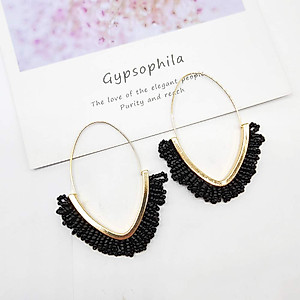 Beaded Dangle Earrings – V-shaped Beaded Earrings Statement Beaded Drop Fringe Earrings, Boho Handmade Bead Tassel Earrings Jewelry Gift for Women(Black)