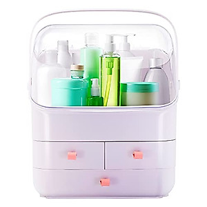 Elavain Cosmetics Organizer Countertop Makeup Holder, Plastic Caddy Skincare Organizers and Storage, Bathroom Shelf Organizer w/ Portable Handle, Lid made of Waterproof & Dustproof Acrylic Fully Open