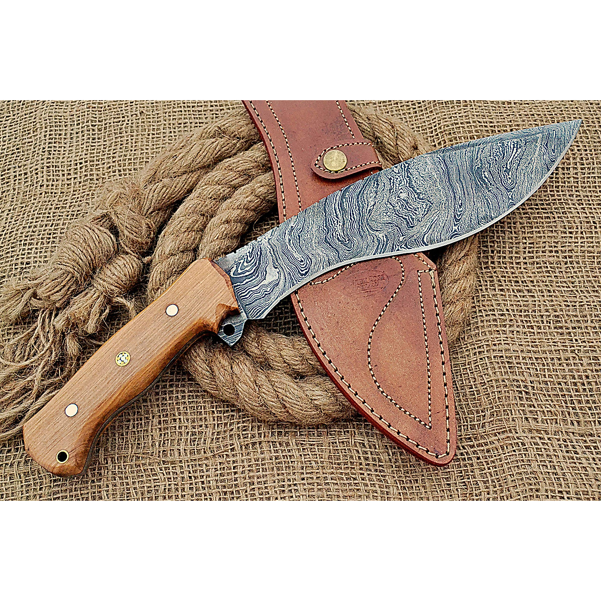 HUNTEX Handmade Hand-Forged Twist Pattern Damascus Steel 15 Inch Long Full Tang Natural Oak Wood Handle Razor Sharp Hunting Camping Kukri Knife w/Genuine Leather Sheath