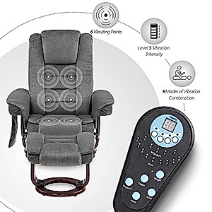 MCombo Recliner Chair with Ottoman, Fabric Accent Chair with Vibration Massage, Swivel Chair with Wood Base, for Living Reading Room Bedroom, 9099 (Grey)