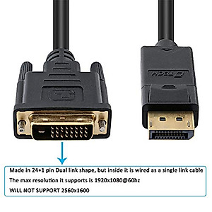 DTECH 6 Foot DisplayPort to DVI-D Single Link Cable Male to Male with Gold Plated Connector