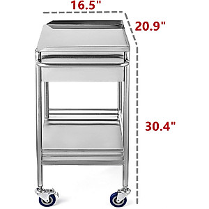 Lab Serving Cart, 2-Layer Utility Cart Stainless Steel with Wheels Rolling Cart, Commercial Wheel Dental Lab Cart Utility Services with Single Drawer and Silent Omnidirectional Lockable Wheel