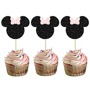 Gyufise Mouse Inspired Cupcake Toppers with Bow Black and Pink Glitter Mouse Cupcake Picks Baby Shower Wedding Kids Birthday Party Cake Decorations Supplies 36 Pack