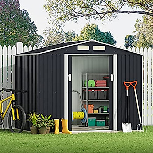 HOGYME 9.1' x 6.3' Storage Shed, Sheds & Outdoor Storage with Double Sliding/Lockable Door, Metal Tool Shed for Garden Backyard Patio Lawn, Gray
