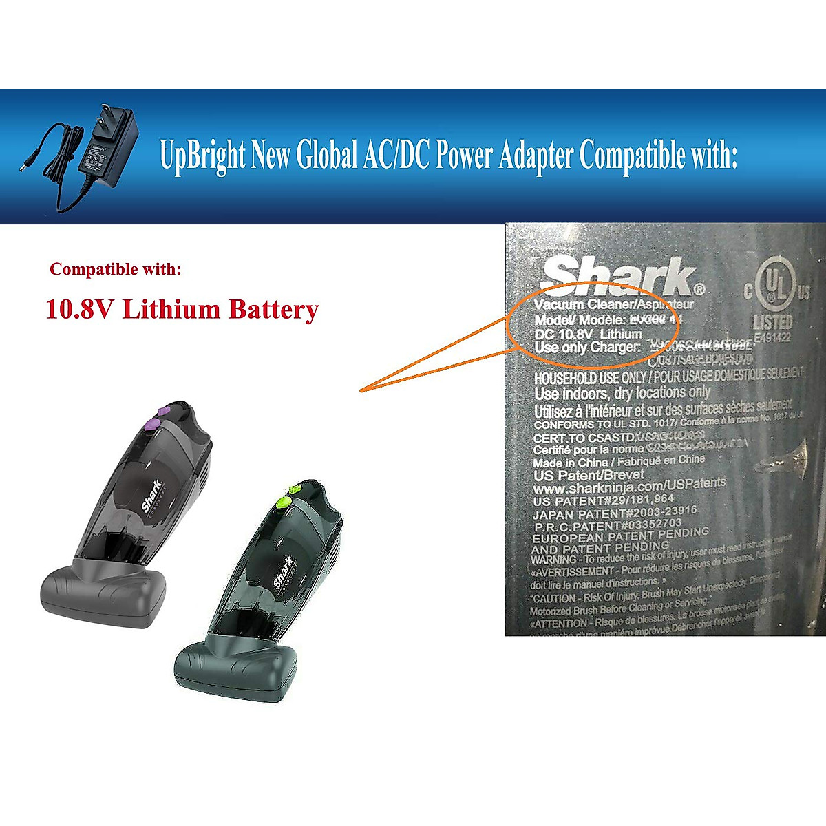 UpBright 14.4V AC/DC Adapter Compatible with Shark Cordless LV800 LV801 LV801C LV 800 801 Pet Perfect PetPerfect 10.8V Lithium Ion Vacuum Cleaner Vac YLJXA-T134045 ZD006C144045USE E-TEK Power Charger
