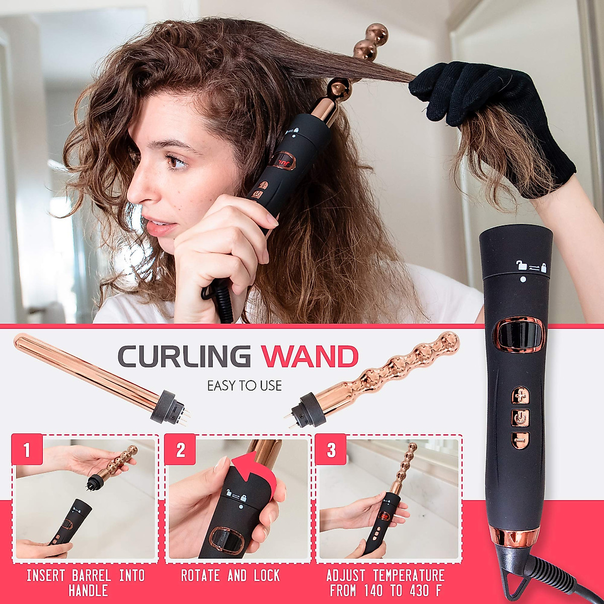 Blenci Interchangeable Curling Wand Set - Professional Curling Iron and Hair Straightener Gift Set Bundle Includes Multi Attachment Styling Wand, Flat Iron, Glove & Travel Case, Gift Idea for Women