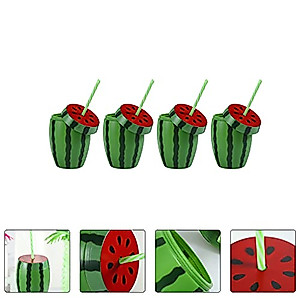 NUOBESTY 4pcs Fruit Shaped Cup Plastic Drinking Cup Watermelon Sippy Cup with Straw Lids for Summer Hawaiian Tropical Luau Party Supplies