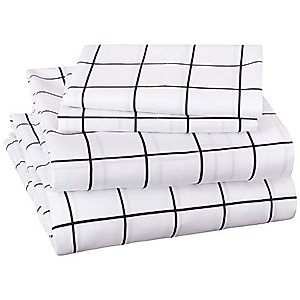 Amazon Basics Soft Microfiber 4-Piece Bed Sheet Set with Elastic Side Pockets, Full, Black Grid, Geometric