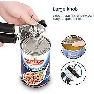 Can Opener, Stainless Steel Manual Can Opener, Food-Safe, Multifunctional Bottle Openers with Non-Slip Handle & Oversized Turn Knob, Smooth Edge, Ultra Sharp Cutting for Seniors with Arthritis