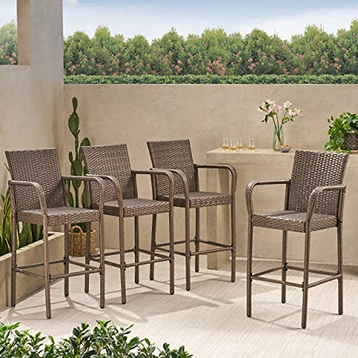 Christopher Knight Home Delfina Outdoor Wicker Barstools with Iron Frame, 4-Pcs Set, Mix Mocha