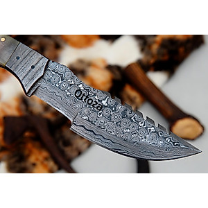 Ottoza Tracker Knife & Ram Horn Handle - Damascus Hunting Knife - Horizontal Carry Knife Sheath 262