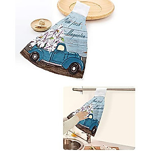 Chucoco Garden Magnolia Flower Blue Truck Kitchen Hanging Towel, Set of 2 Absorbent Soft Hand Tie Towel Watercolor Retro Wood Grain Durable Tea Bar Dish Towels for Bathroom Laundry Room Decor