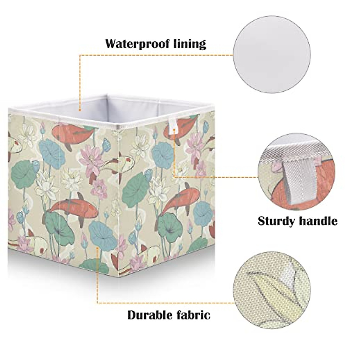 Kigai Lotuses and Carps Pattern Open Home Storage Bins for Home Organization and Storage, Collapsible Closet Storage Bins, 15.75"L x 10.63"W x 6.96"H