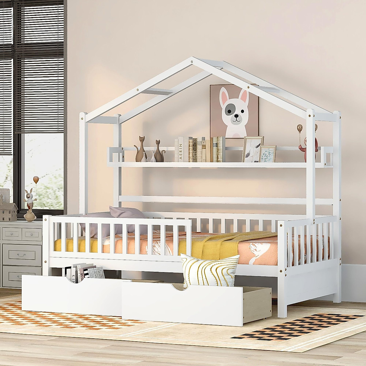 Bellemave Wooden Twin Size House Bed with 2 Drawers,Kids Twin Playhouse Platform Bed Frame with Storage Shelves,Montessori Bed for Kids Teens Girls & Boys (White)