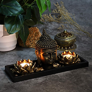 OwnMy Buddha Head Sculpture Statue with 2 Lotus Tealight Candle Holders 1 Wooden Display Tray Decor Stones, Buddha Meditation Votive Candle Holder Candle Stands for Home Decor Table Zen Garden Decor