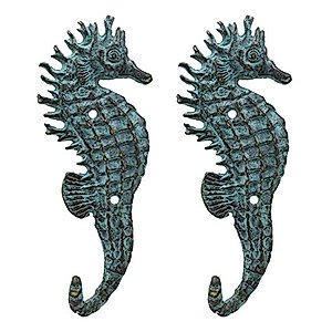 Ebros Verdigris Coastal Marine Ocean Nautical Seahorse Single Wall Mounted Brass Coat Hook Figurine Nautical Sea Life Metal Hangers or Hooks Decor Sculpture Seahorses Coral Reef Creatures (2)
