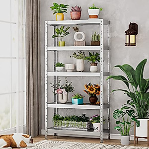 Giantex 4 Pcs 5-Tier Storage Shelves, 39 x 16 x 77 Inch Adjustable Steel Storage Rack with Foot Pads, 2866 LBS Load Capacity,Bolt-Free Installation Hevy Duty Garage Shelving for Warehouse, Silver