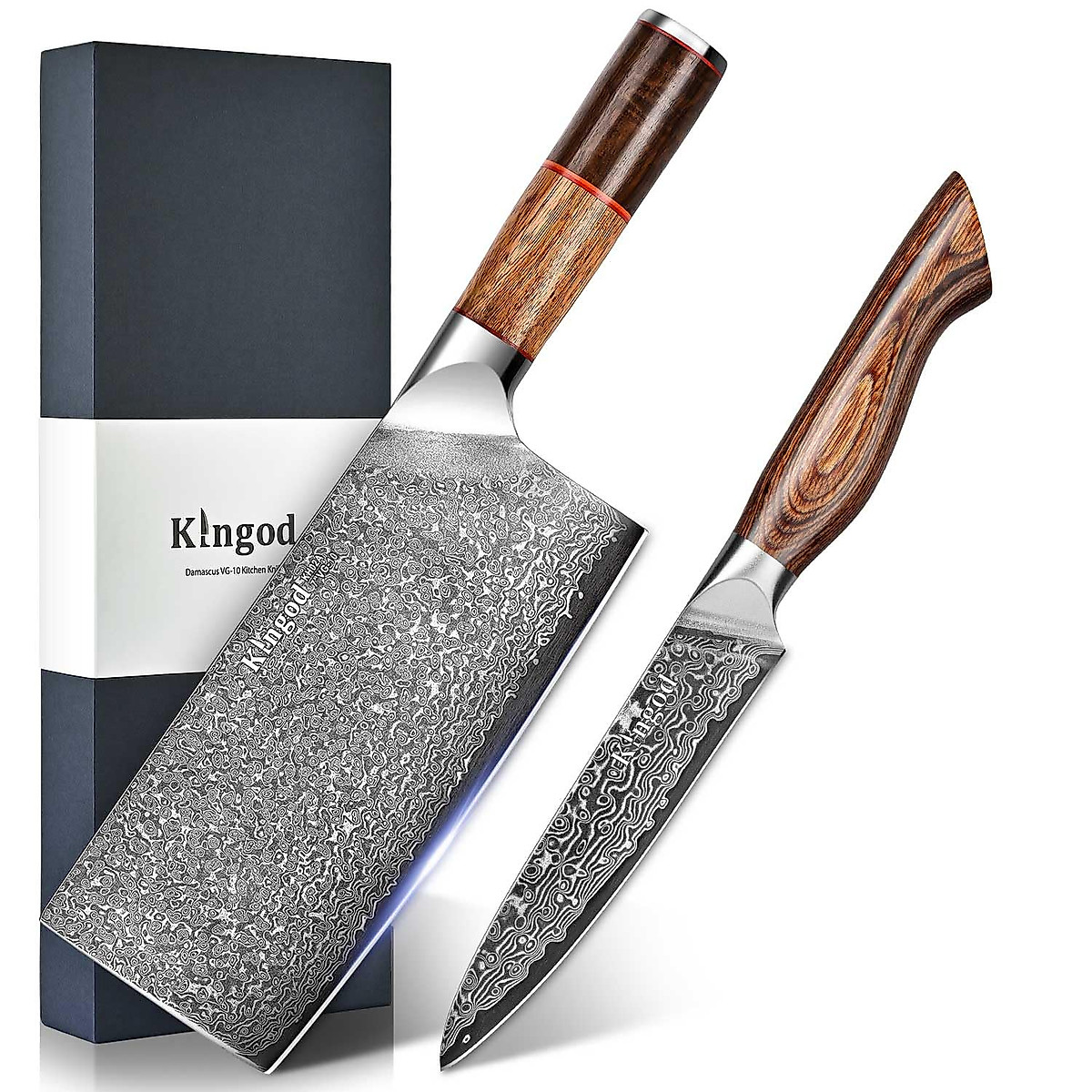 KINGOD Premium VG10 Kitchen Knife Set of 2pcs - 7" Meat Cleaver and 5" Paring Knife, Handcrafted Damascus Steel, Rosewood and Stabilizing Wood Handles