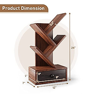 Giantex 5-Tier Tree Bookshelf with Drawer - Freestanding Retro Small Book Storage Rack for Small Place, Kids Room Wooden Decorative Bookcase with Storage for CDs, Magazines, Books, Brown