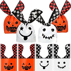 100 Pieces Halloween Plastic Bags Candy Bags Orange Pumpkin and White Ghost Trick or Treat Plastic Bags for Party Favor, Treats Snacks Halloween Party Supplies Decoration