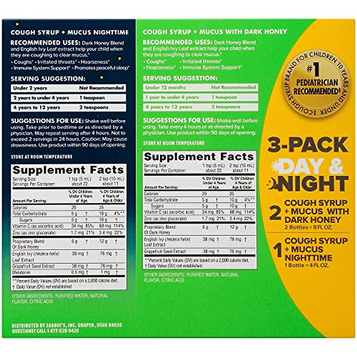 Zarbee's Child Natural Cough Syrup 3-Day Pack Day/Night Dk Honey Mucus Relief - 4 oz Each (12 oz Total)