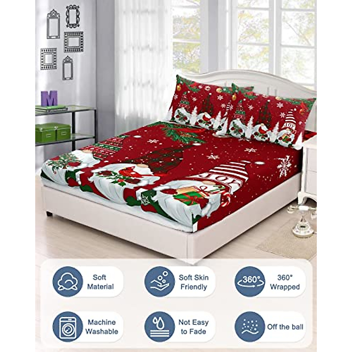 Full Size Fitted Sheet Bed Set Christmas Dwarf Holly Cardinal Deep Pocket Soft Bottom Sheets&Pillowcases for Bedroom Decor Winter Snowflake on Red,Fits Mattress Up to 16" Deep
