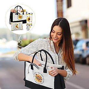 Aliceset 4 Pcs Christian Gifts for Women Include Inspiration Religious Tote Bag 20 oz Stainless Steel Tumbler Bible Verse Keychain Catholic Makeup Bag Birthday Gifts for Women Mom Friend (Sunflower)