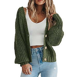 PRETTYGARDEN Women's Long Sleeve Plain Button Down Sweater Classic V-Neck Knit Cardigan Open Loose Outwear Coats (Army Green,Small)