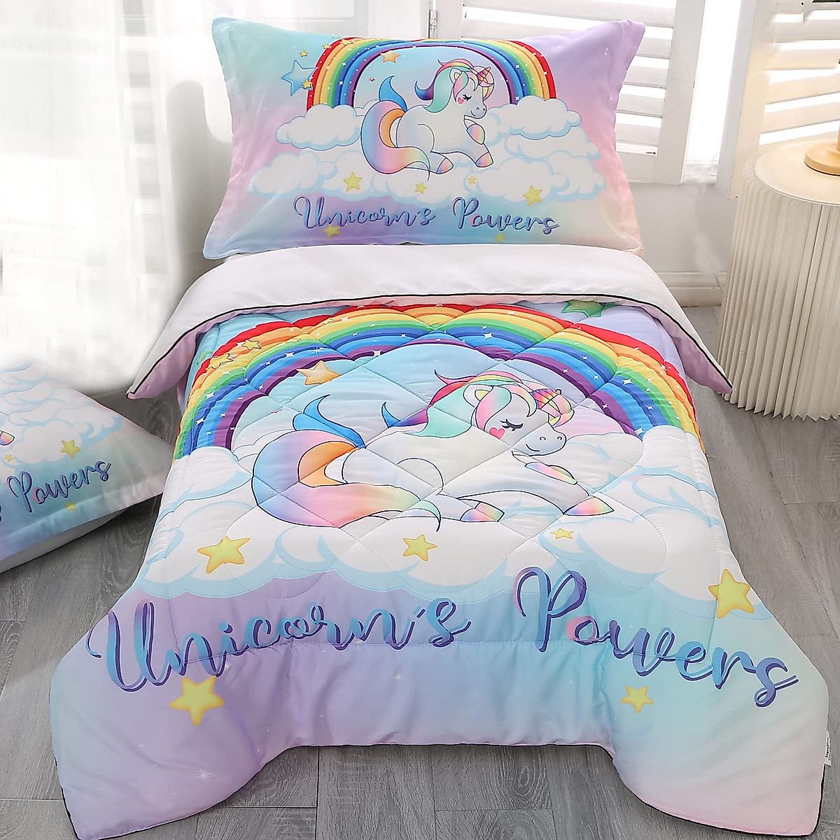 KINBEDY Unicorn Toddler Bedding Set Rainbow Soft Breathable Polyester Nursery Comforter with 2 Pillowcases for Baby Girls and Boys,Lavender