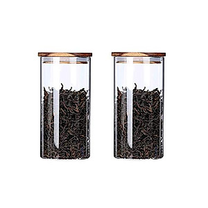 2PCS Empty Thicken Clear Glass Canister Home Kitchen Food Storage Cotainer Jars Pots With Airtight Wood Lids Air Tight Vial Bottles for Coffee Bean Tea Sugar Dry Fruit Nuts Candy (350G)