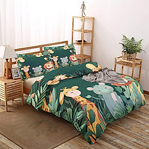 AopGlyvyr Jungle Zoo Duvet Cover Twin Size, Cartoon Animal Comforter Cover, Cute Bedding Set, Breathable Duvet Cover with Zipper Closure, 3 Pieces with 1 Duvet Cover and 2 Pillowcase