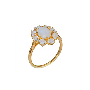 YoTreasure 7x9 MM Rainbow Moonstone & White Topaz 14k Gold Over 925 Silver Ring