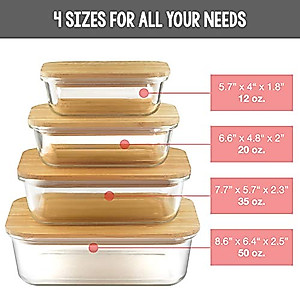 Bovado Set of 4 Rectangular Glass Food Storage Containers (12 oz + 20 oz + 35 oz +50 oz) with Eco-Friendly Bamboo Lids | 4 Bento Boxes for Meal Prep, Leftovers, Baking, Cooking & Lunch | BPA-Free
