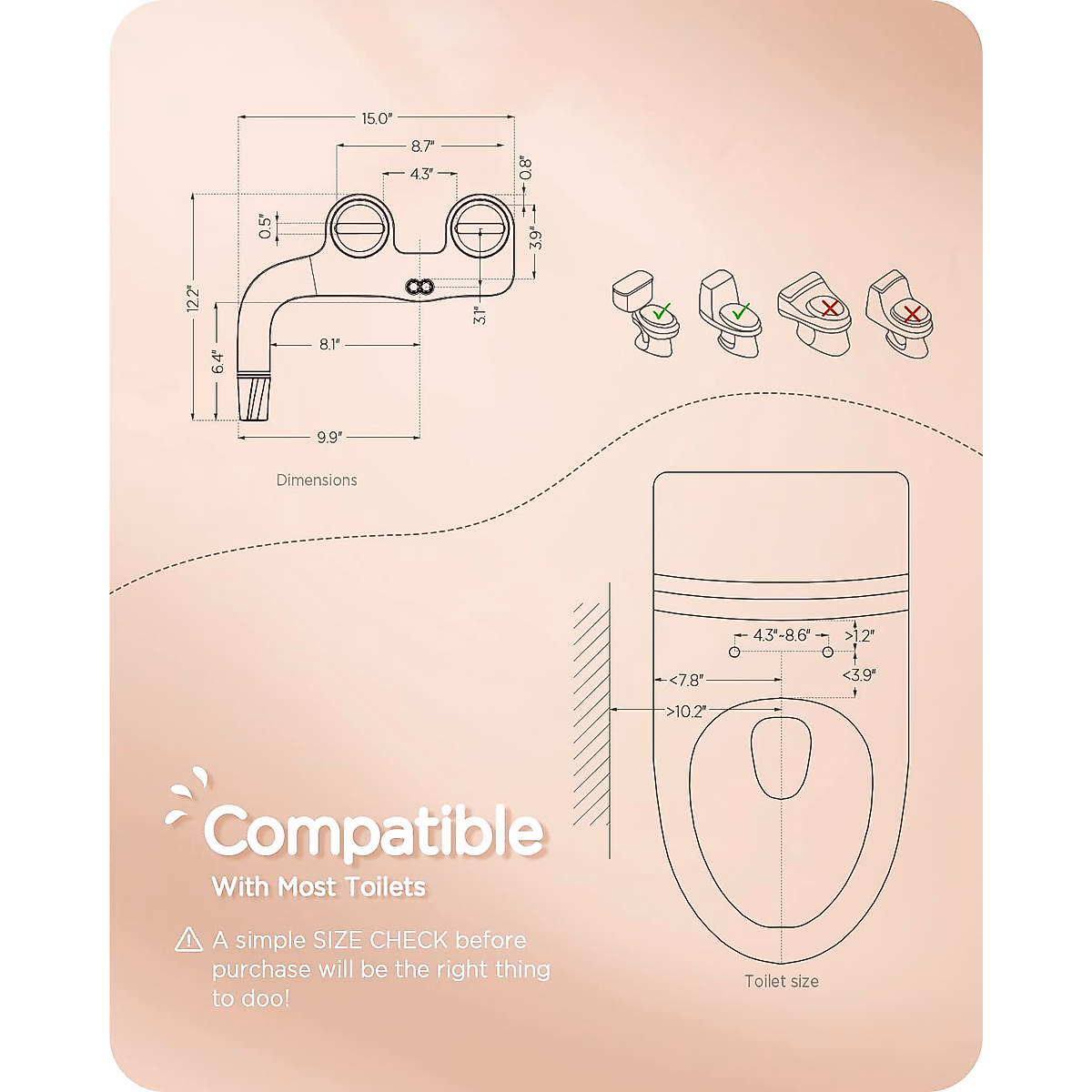 Ciays Bidet Attachment for Toilet Ultra-Slim Bidet Sprayer Non-Electric Dual Nozzle for Feminine/Posterior Wash Bidet Toilet Attachment with Pressure Controls，Sliver/White