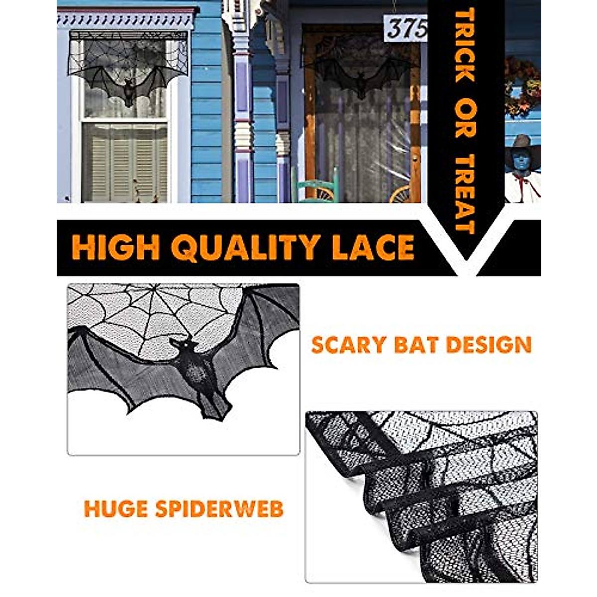 ANPHSIN Halloween Black Lace Spiderweb- 2 Pcs Bat Curtain Window Valance Cobweb Tablecloth Shower Curtains Fireplace Mantles Scarf Cover for Home Door Kitchen Bathroom Festive Party Decorations