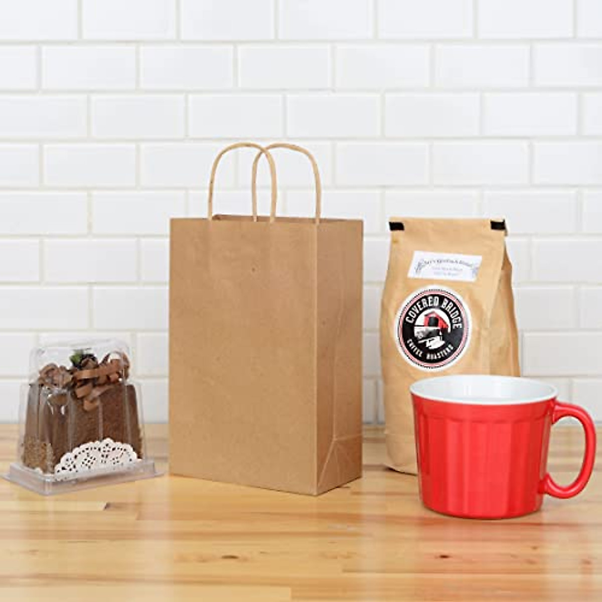 Prime Line Packaging Mini Brown Gift Bags with Handles, Kraft Paper for Small Business, Boutique, Retail, Thank you, Party, Take Out - 6x3x9, 100 Pack