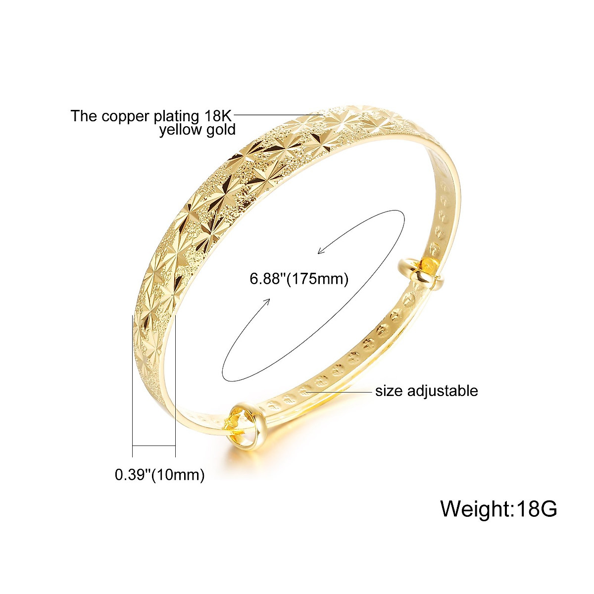 L & J 18K Yellow Gold Diamond Cut Classical Adjustable Bangle Bracelet for Women