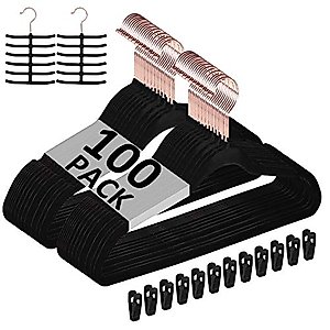 VECELO Premium Velvet Clothes Hangers Suit Heavy Duty (100 Pack)-Non Slip & Space-Saving with 12 Finger Clips & 2Tie Rack Excellent for Men and Women,Black
