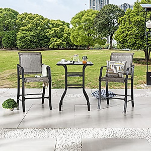LOKATSE HOME Patio Bar Set 3 Piece Counter Height Stools Glass Top Tempered Tesilin Conversation Dining Furniture, Grey