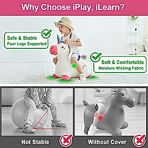 iPlay, iLearn Bouncy Pals Unicorn Horses, Toddler Girl Bouncing Animal Hopper, Inflatable Plush Hopping Toy, Outdoor Indoor Ride on Bouncer, Baby First Birthday Gift 18 Month 2 3 4 Year Old Kid