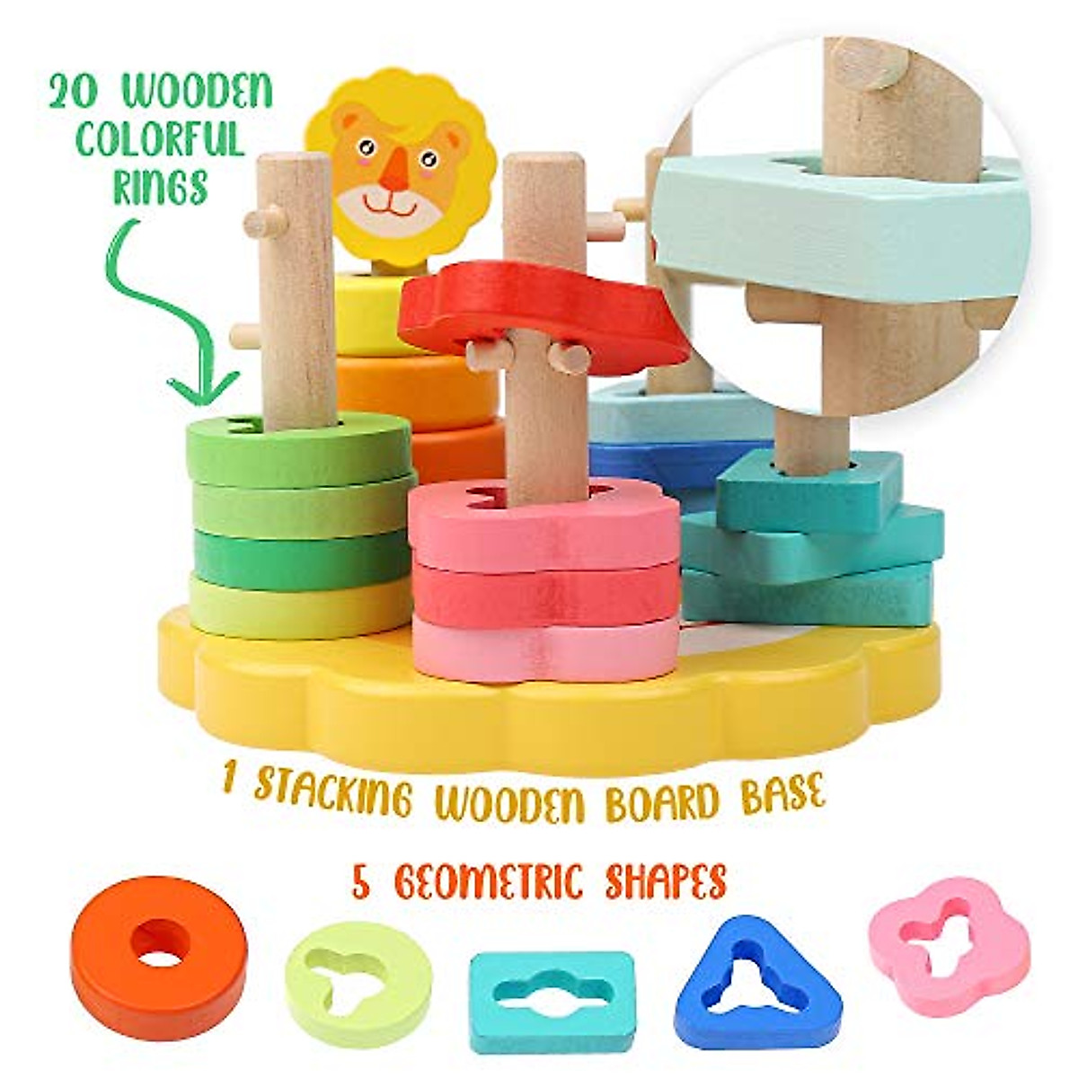 Boxiki kids 27 PCS Montessori Toys for 1 to 3 Year Old Boys Girls Toddlers, Wooden Shape Sorter & Stacking Toys, Color Recognition Stacker, Baby Puzzles Gift