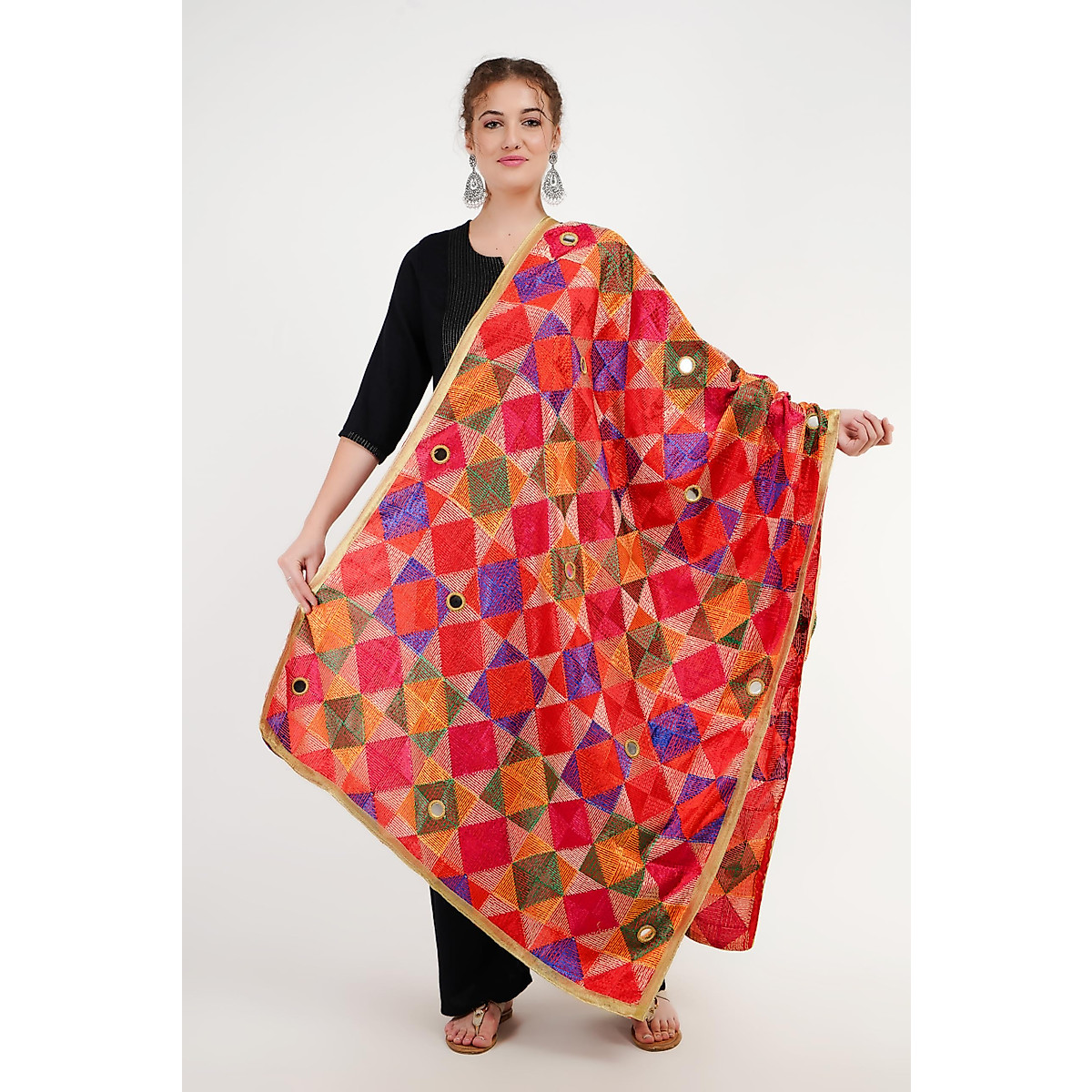 Phulkari Dupattas for Womens Hand Embroidered in Amritsar Punjabi Mirrors Fulkari Design