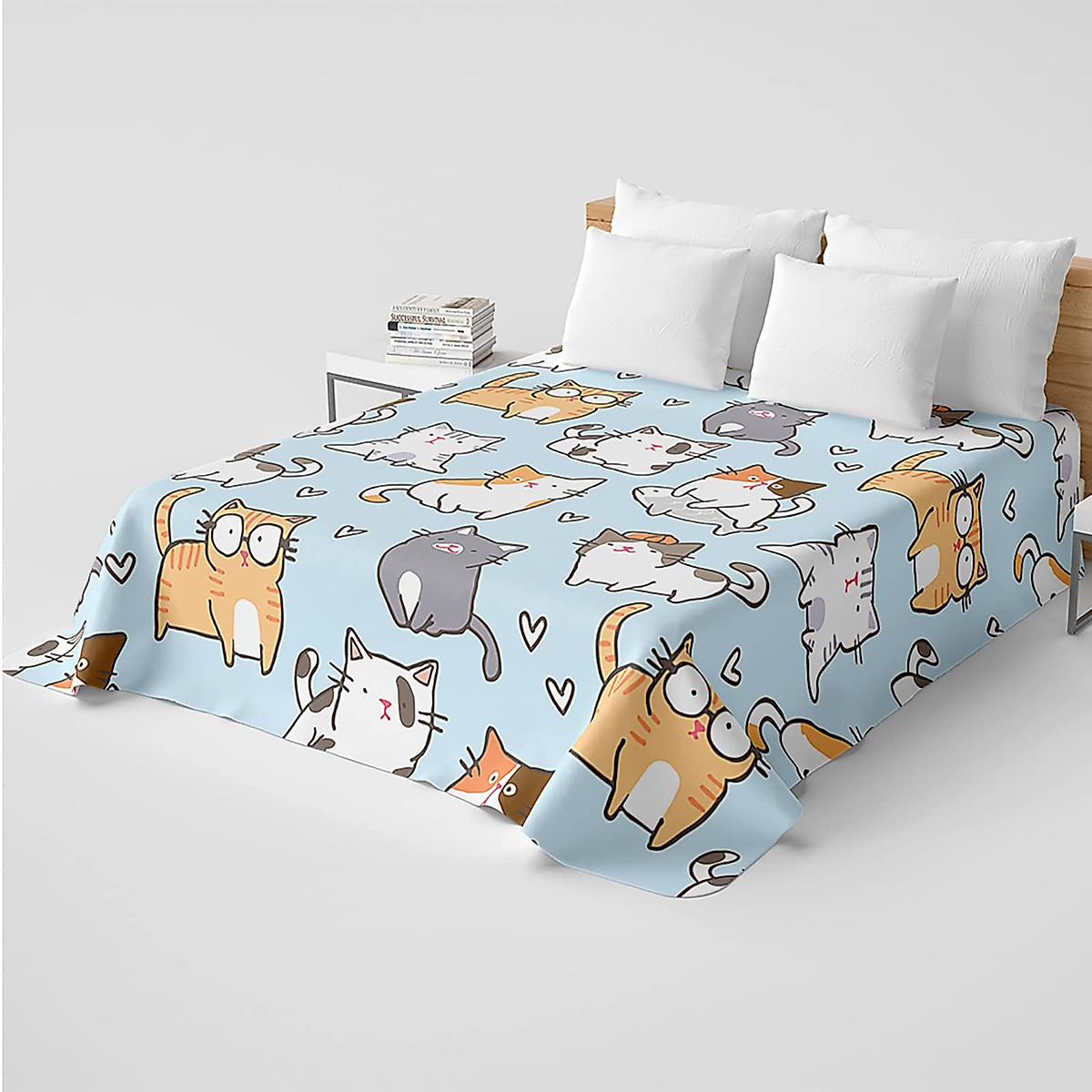 BailiPromise Cartoon Cat Bed Sheet Girls Boys Little Kitten Bedding Set for Teens Children Cute Cat Fitted Sheet Flat Sheet Kawaii Animal Bed Cover 4Pcs Queen Size