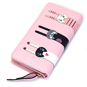 Valentoria® Birthday Gifts for Women's Mini Faux Leather Bifold 3 Cat Design Clutch Wallet(Long Pink)