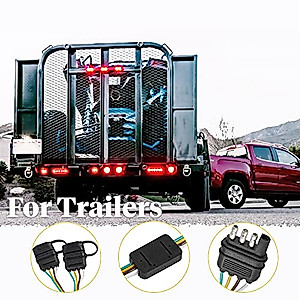 18-inch Waterproof 4-way Flat Y-splitter Trailer Wiring Harness Extension Kit Plug And Play, Contains 4 Pin Male And Female Flat Connectors,For LED trailer lights Turn Signal Tailgate Light Bar