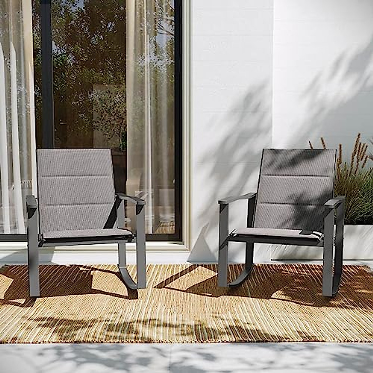 Flash Furniture Brazos Set of 2 Gray Outdoor Rocking Chairs with Flex Comfort Material and Black Metal Frame,Gray/Black
