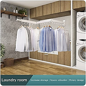 Clothes Drying Rack,Laundry Drying Rack,Laundry Room Organization,Clothes Rack Wall Mount,Wall Mounted Laundry Rack Folding,Retractable Clothing Rack,Collapsible Clothes Hanging Rack(Hooks,White)