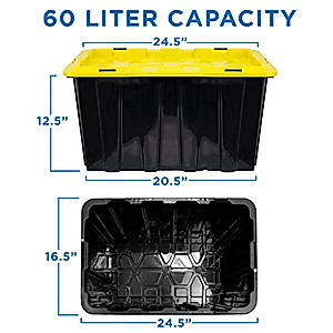 QTIQ 15.8 Gal. Heavy-Duty Plastic Storage Bins, Black and Yellow, 3 Count